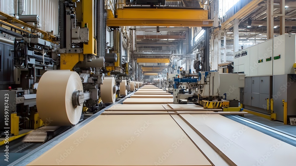 Massive industrial machines processing paperboard, with thick sheets ...