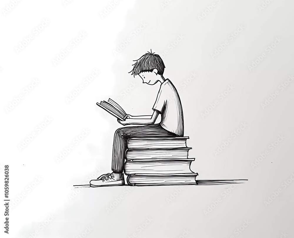 One-line drawing style: a simple drawing of a schoolboy reading a book ...