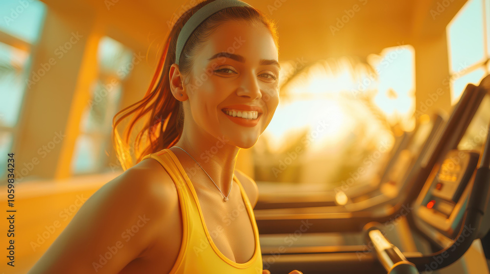 Energetic girl bursts with joy as she runs on a treadmill at the ...