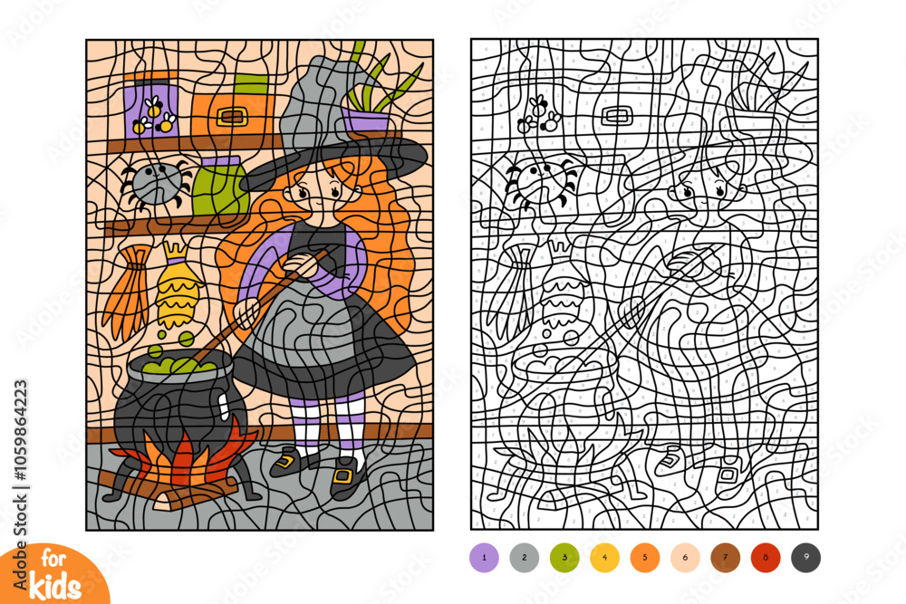 Witch and cauldron with magic potion. Color by number, education game ...