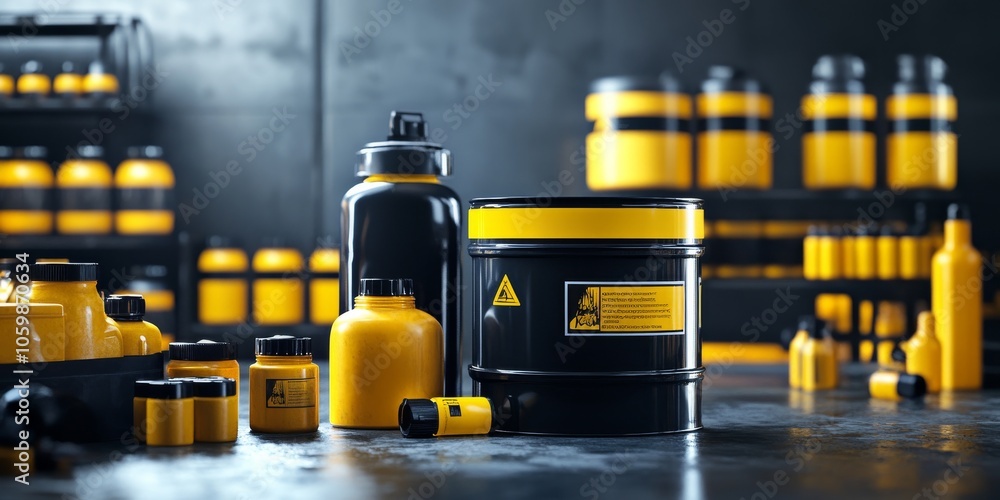 Dangerous chemicals in industrial containers, warning labels visible ...