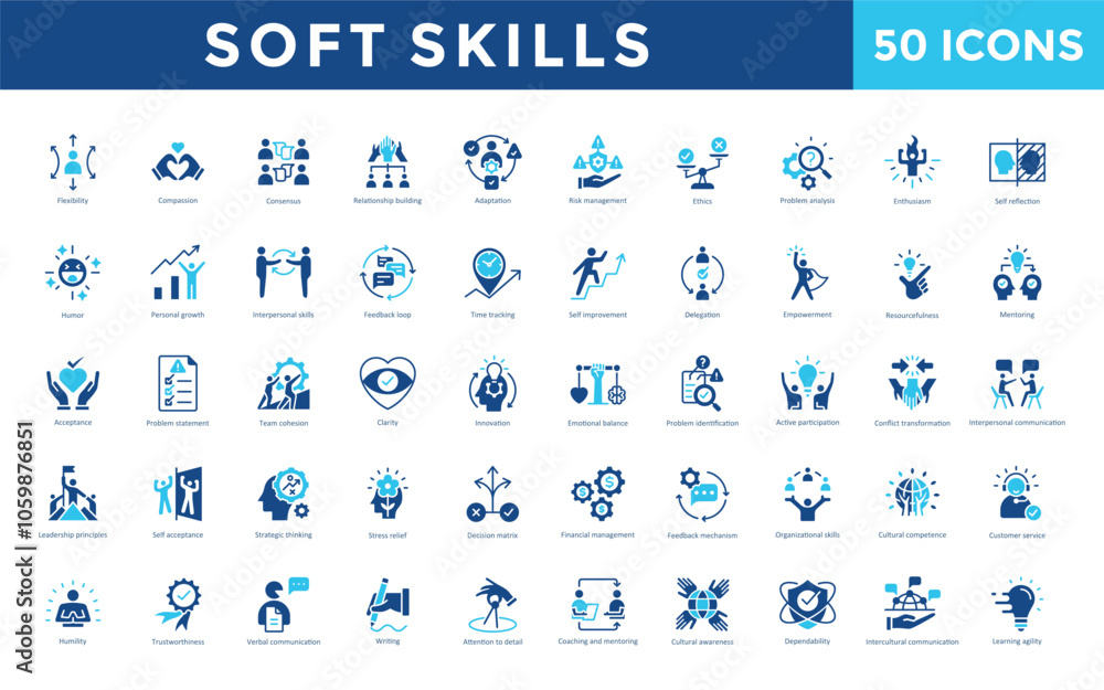 Soft skills icon set with flexibility, compassion, consensus ...