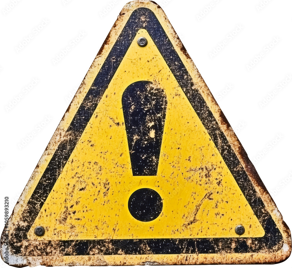 Rusty warning sign with exclamation mark on transparent background ...