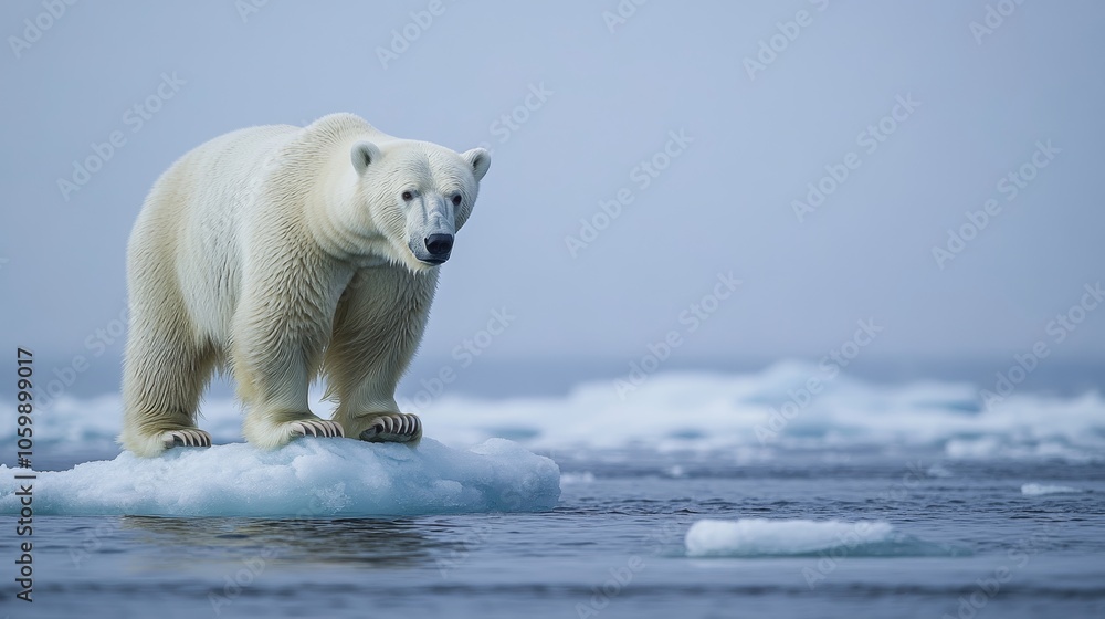 Polar bear standing on a shrinking ice floe in a vast ocean symbolizing ...