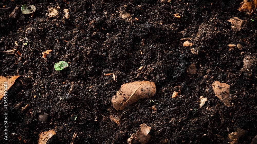Composting soil with visible decomposing organic matter, nutrients ...