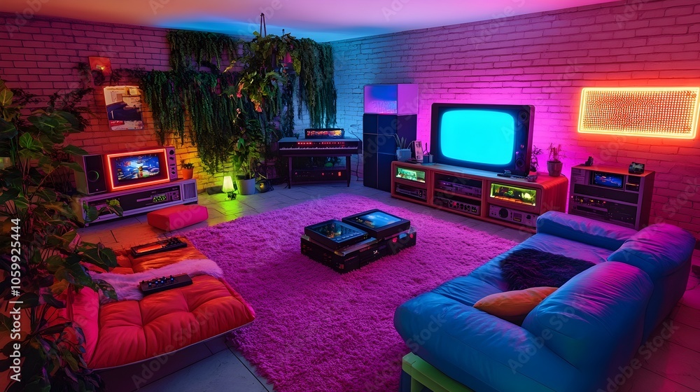 Retro 90s Style Living Room with Smart Home Devices and Vintage Video ...