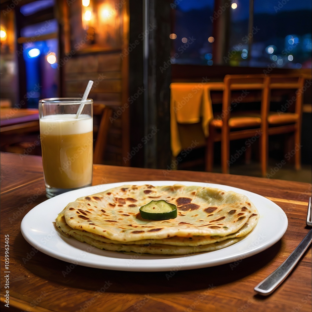 paneer stuffed paratha with a side of curd and pickles, with a dimly ...