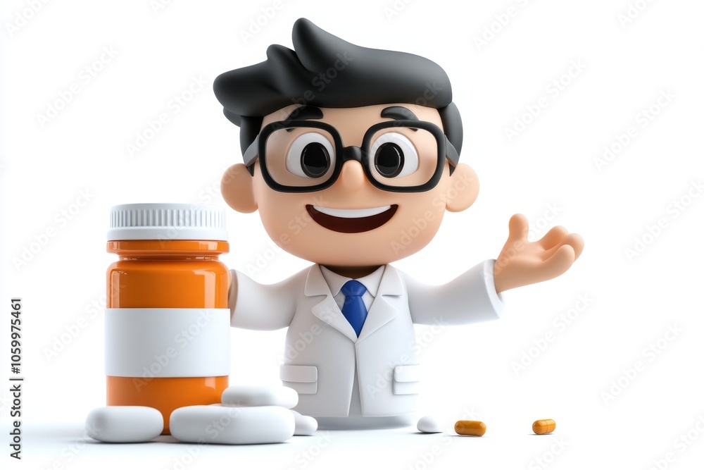 a 2D cartoon illustration of a friendly pharmacist with vitamins and ...