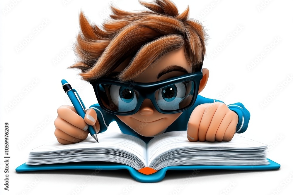 a 2D cartoon illustration of a student writing notes in a notebook ...