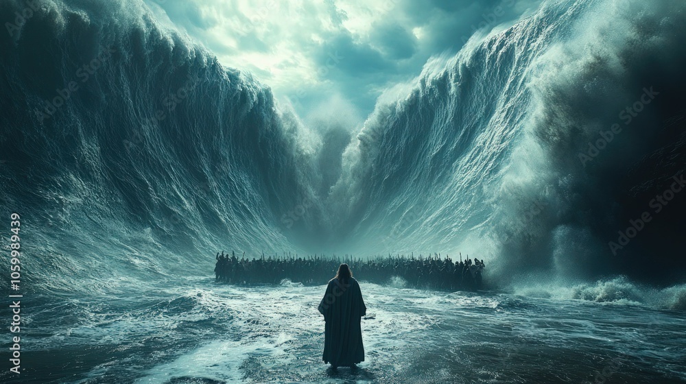 A dramatic ultra realistic scene depicting Moses standing with ...