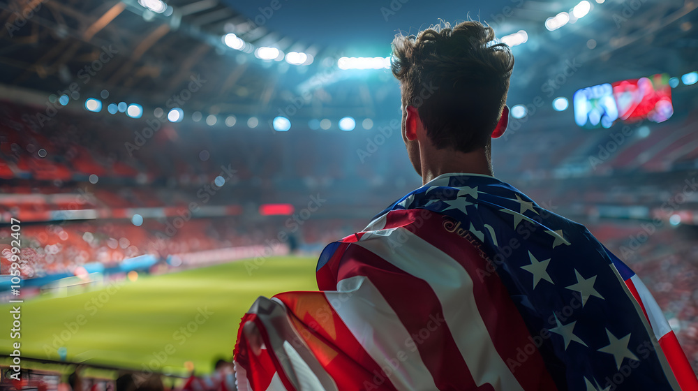 male athlete with an American flag draped over his shoulders stands on ...