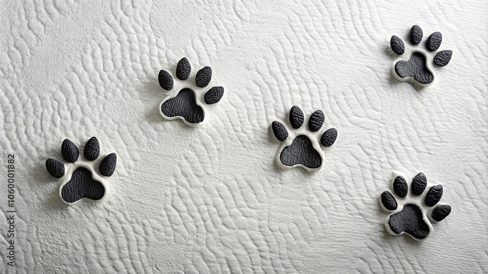 A symphony of five black paw prints etched into a white textured ...