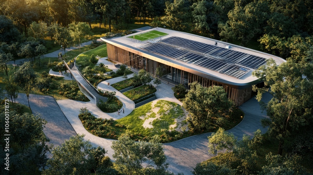 A modern eco-friendly sports complex built with recycled materials ...