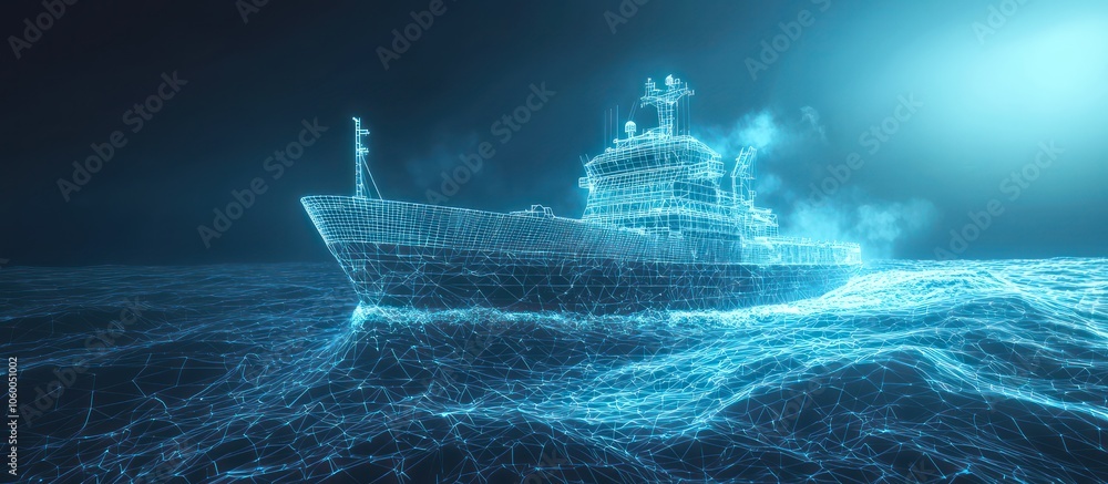 VR visualizes a wireframe cargo ship dynamically navigating a digitally ...