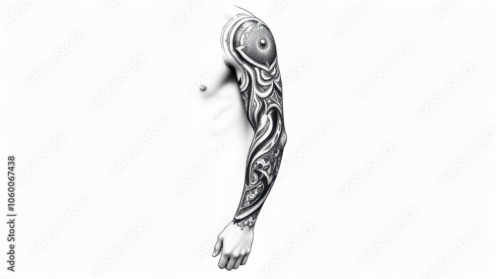 Intricate arm sleeve tattoo design in black and white, showcasing ...