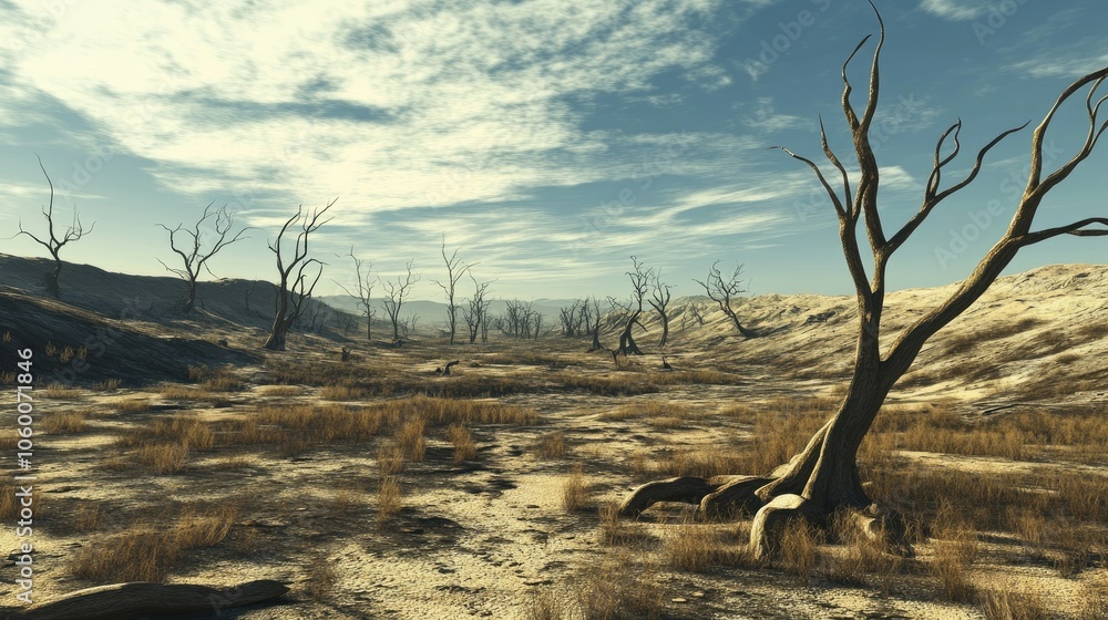Desolate landscape with dead trees and dry soil, depicting the tragic ...