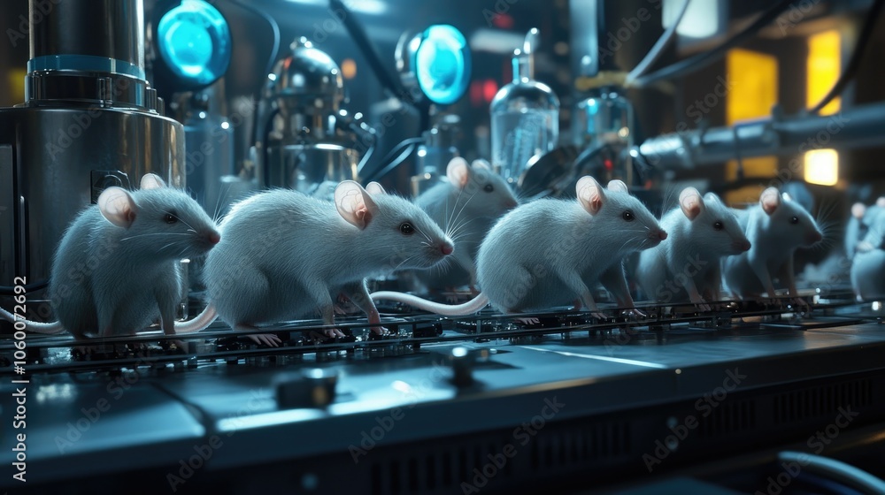 Group of lab rats in a controlled setting, with scientific apparatus in ...