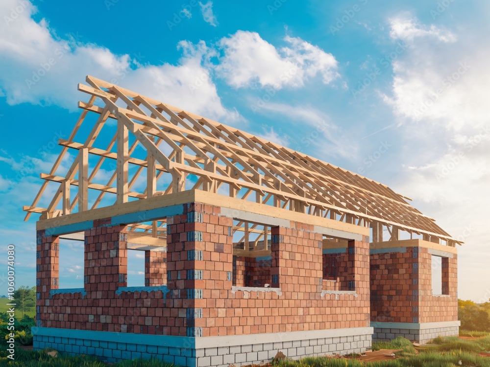 Brick House Construction with Wooden Roof Framework, Residential ...