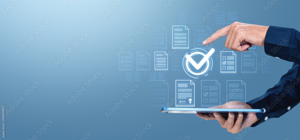 Man finger touch check mark, digital documents and files hologram. Copy ...