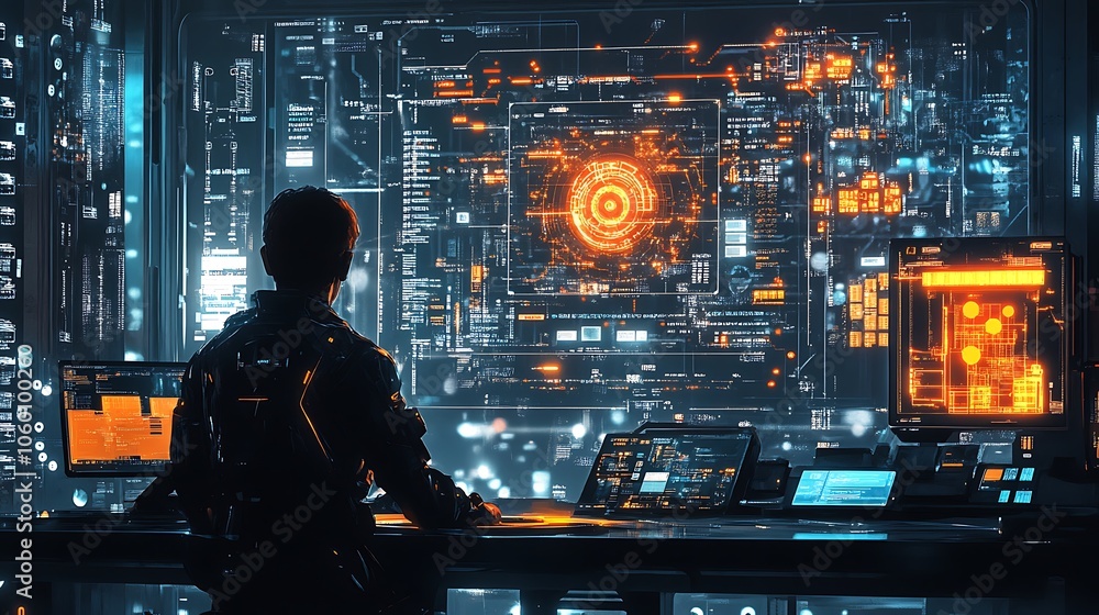 Individual engaged in programming a robot within a high-tech workspace ...