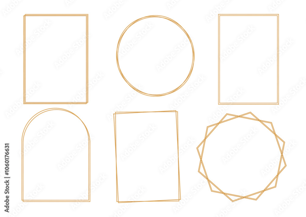 Set of outline gold frames on white background. Decorative elements for ...