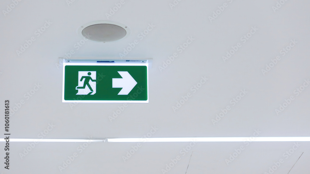 Emergency exit sign with directional arrow indicating safety Stock ...