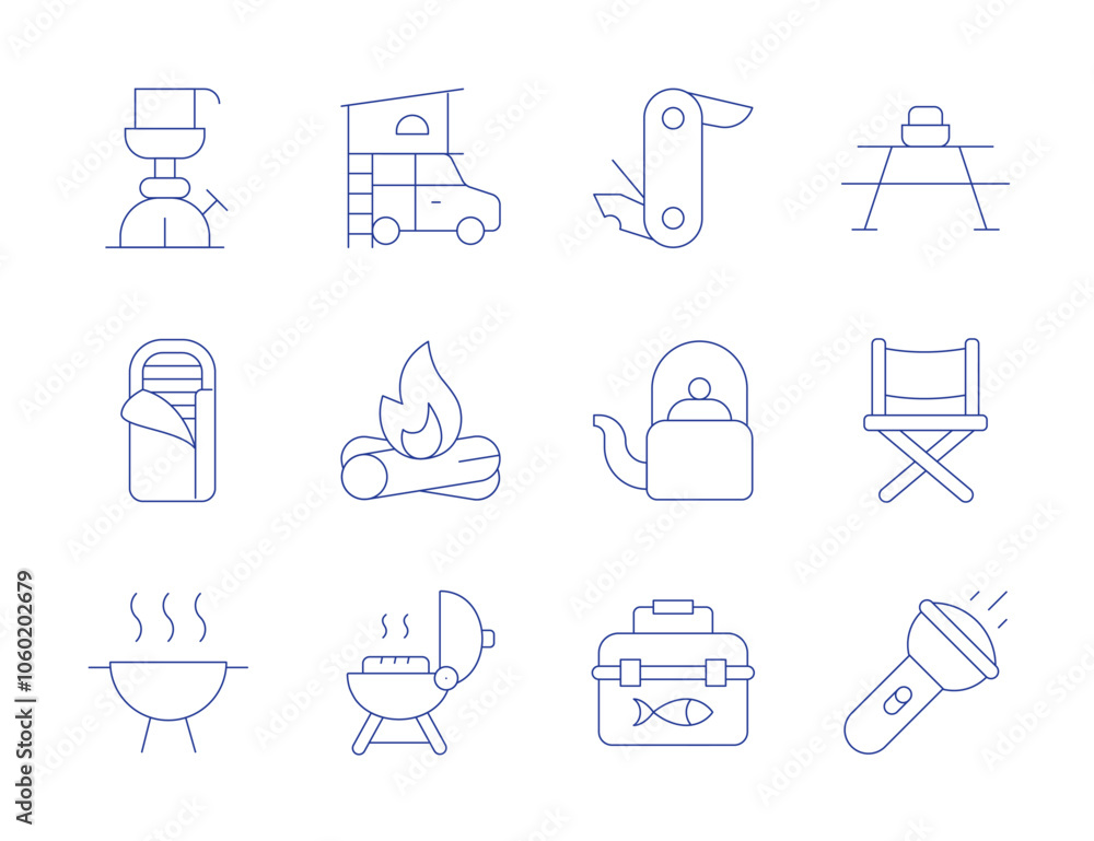 Camping icons. Thin Line style, editable stroke. swiss knife, tackle ...