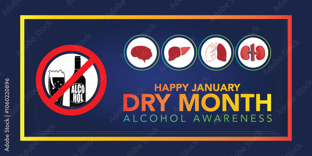 Dry January banner with overturned wine glasses border and text in ...