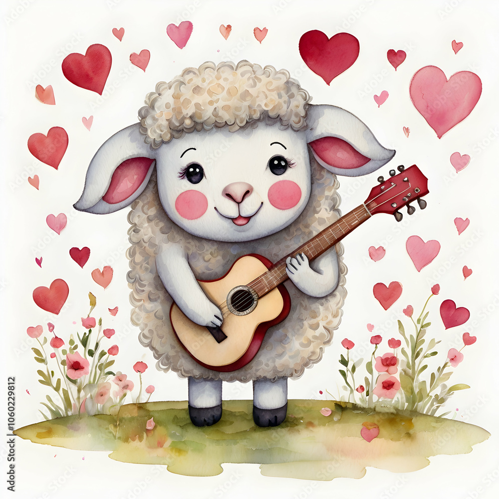 This charming watercolor-inspired image shows a cute cartoon sheep ...