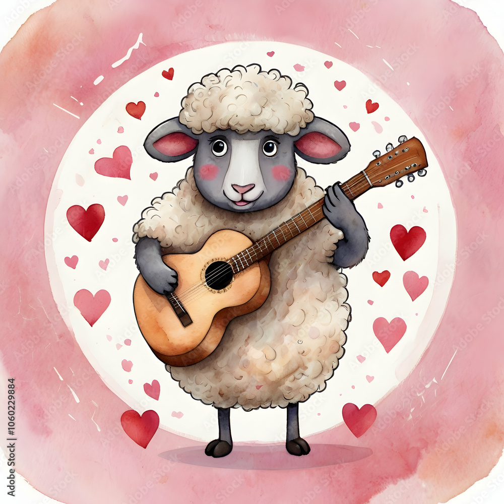 This charming watercolor-inspired image shows a cute cartoon sheep ...