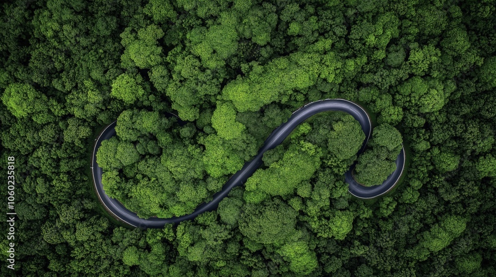 Aerial view of a winding road in a dense green forest creating an ...
