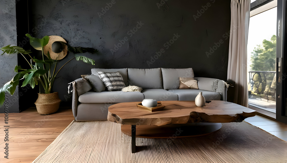 Nomadic interior design of modern living room, home. Live edge coffee ...