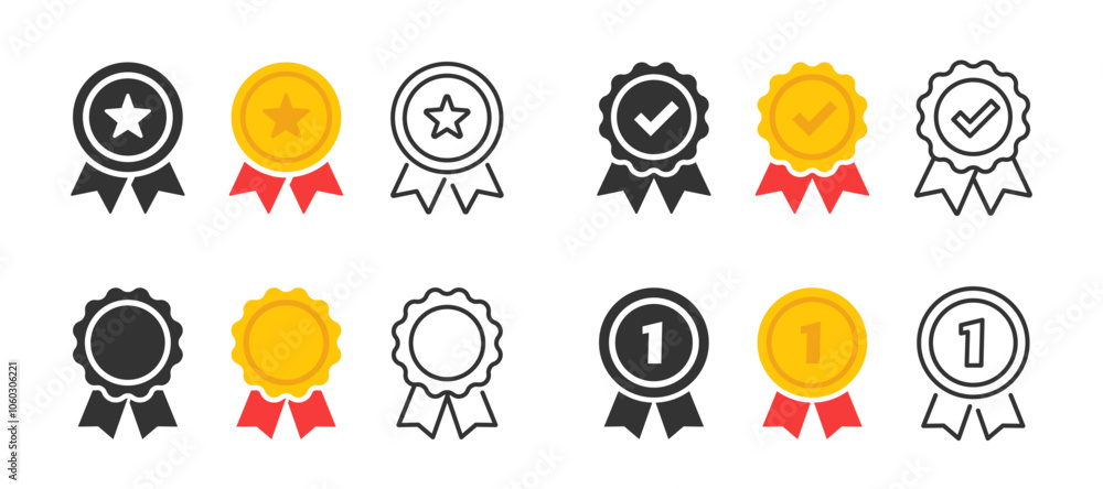 Set of approved or certified medal icons. Approval check symbol ...