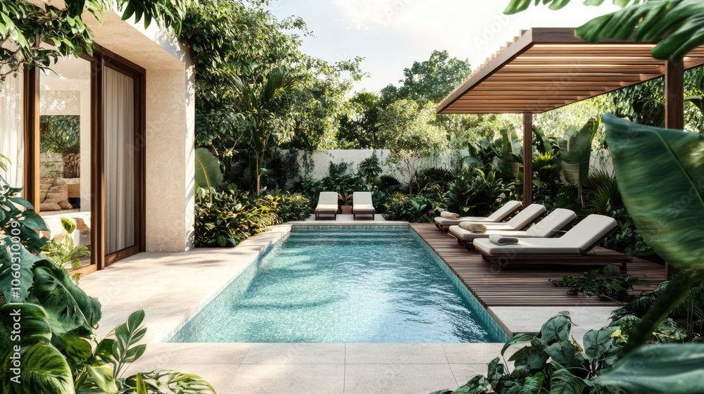Detailed render of a lavish backyard featuring a shimmering pool, a ...