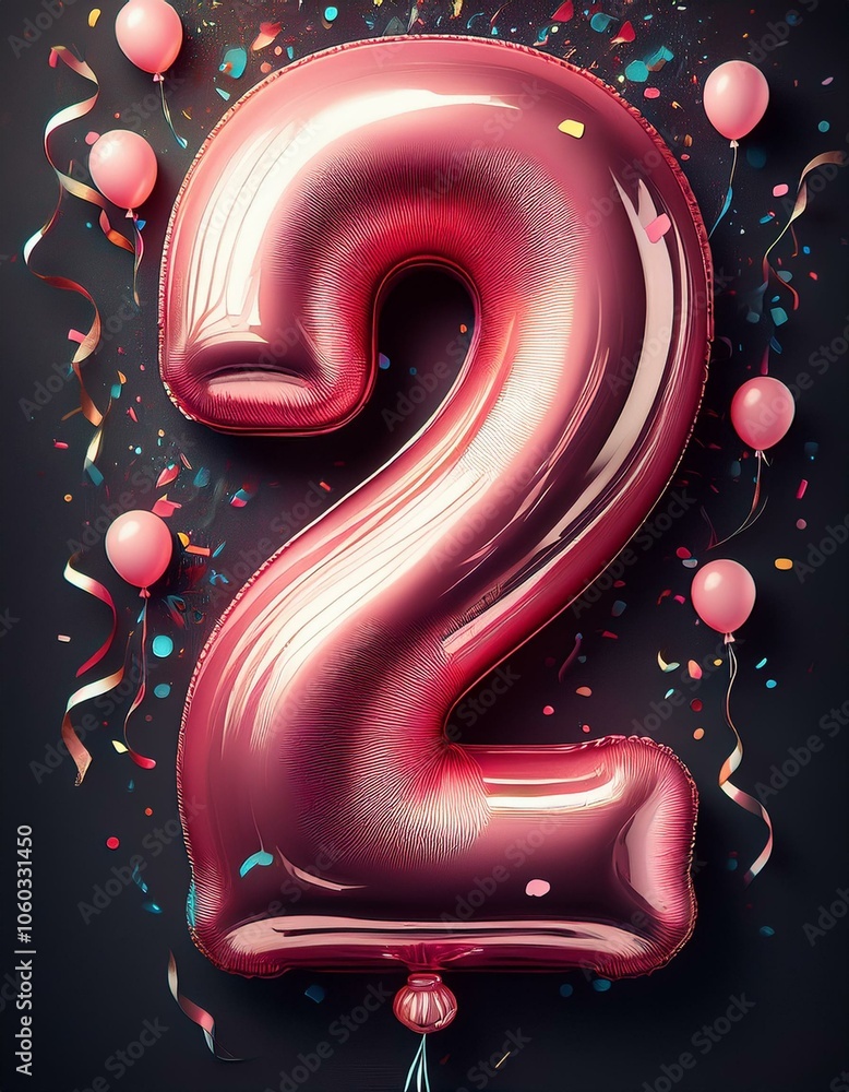 Pink birthday / anniversary balloon, number 2, black background with ...