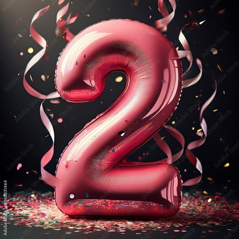 Pink birthday / anniversary balloon, number 2, black background with ...