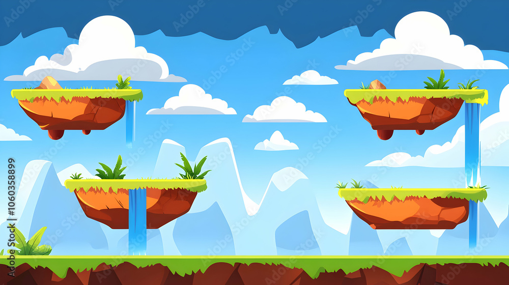 Cartoon floating islands with waterfalls, green grass and blue sky ...