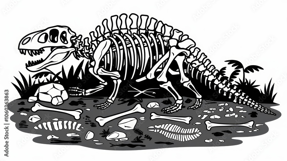 Dinosaur skeleton and fossils. Dinosaur bones, rocks, footprints ...