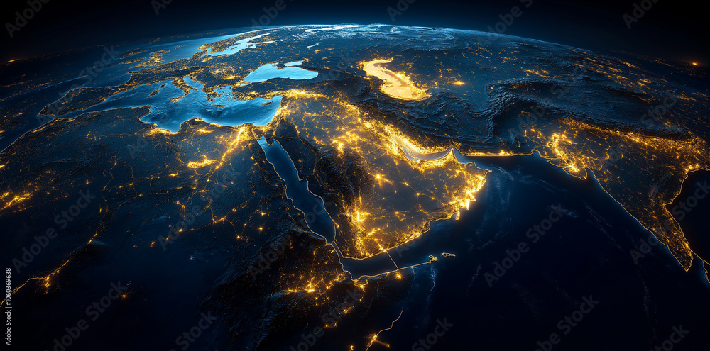 Digital Map Of The Middle East: An Illuminated Representation Featuring ...