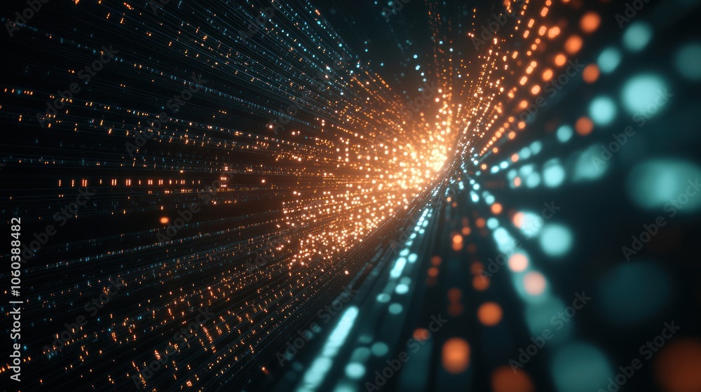 a digital binary code matrix with glowing green and blue binary digits cascading down in a 3D ...