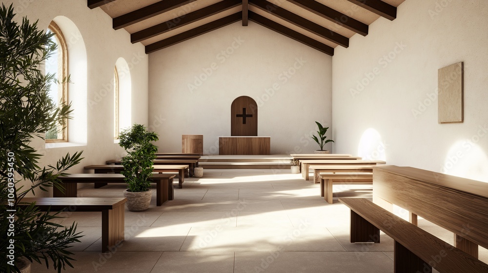 Serene Chapel Interior: A minimalist chapel interior bathed in soft ...