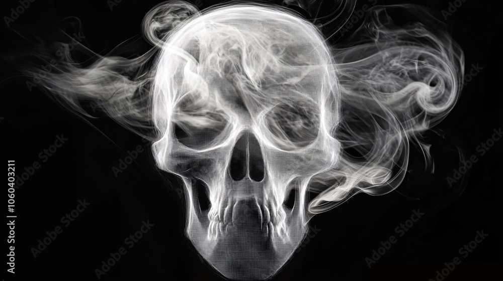 Smoke rising from a skull on a black background symbolizing the concept ...