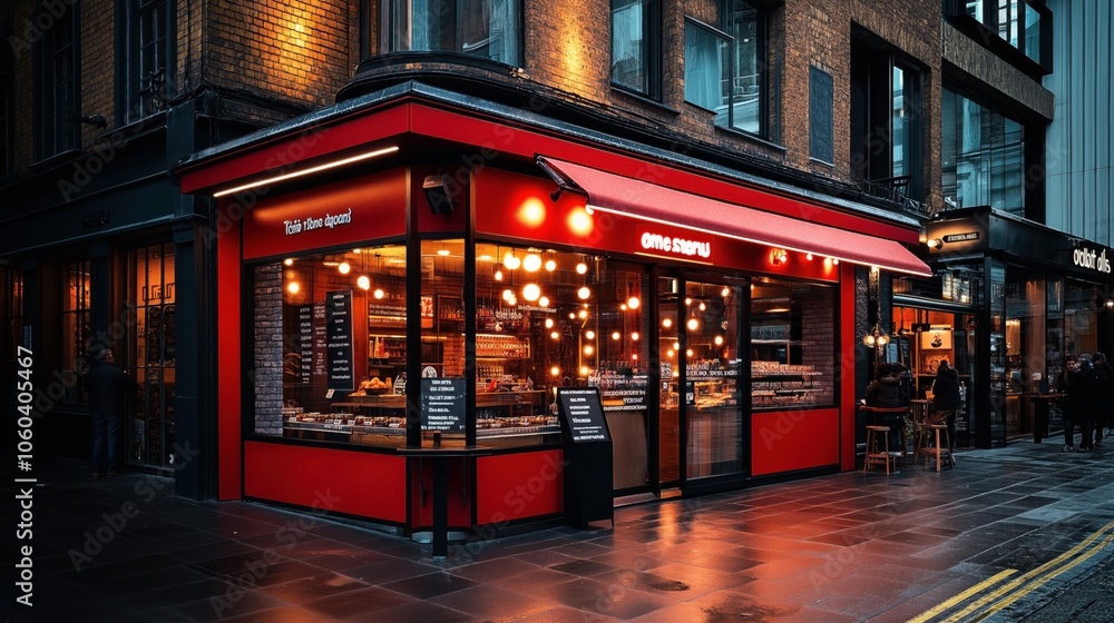Red storefront of a corner bakery or cafe illuminated at night with ...