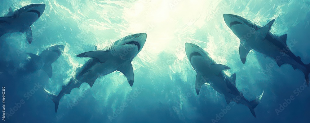 Sharks Circling A group of sharks circling slowly underwater, their ...