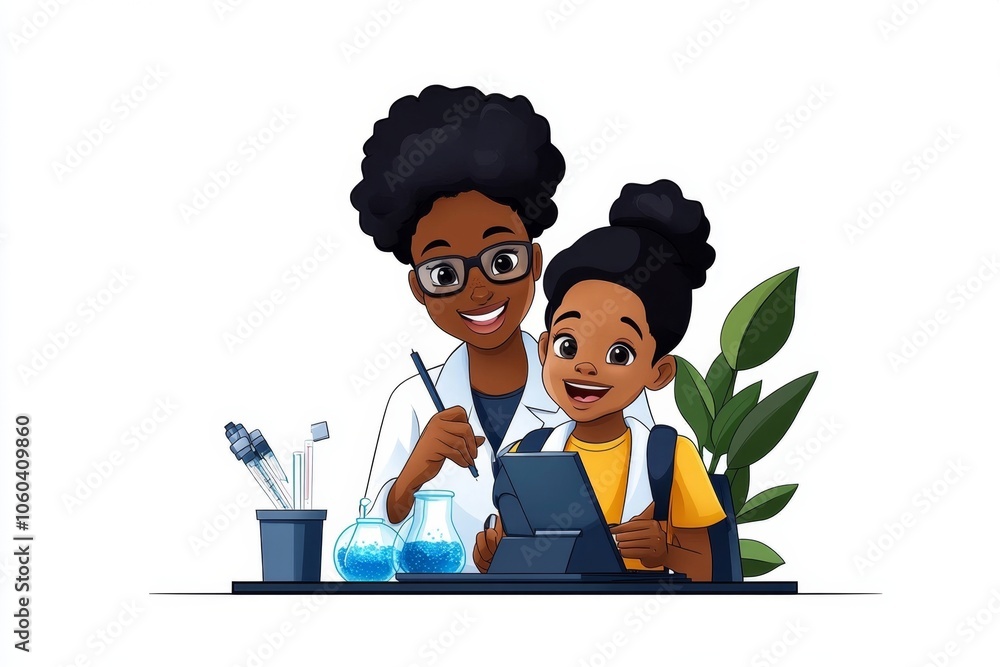 a 2D cartoon illustration of a teacher guiding students on a science ...