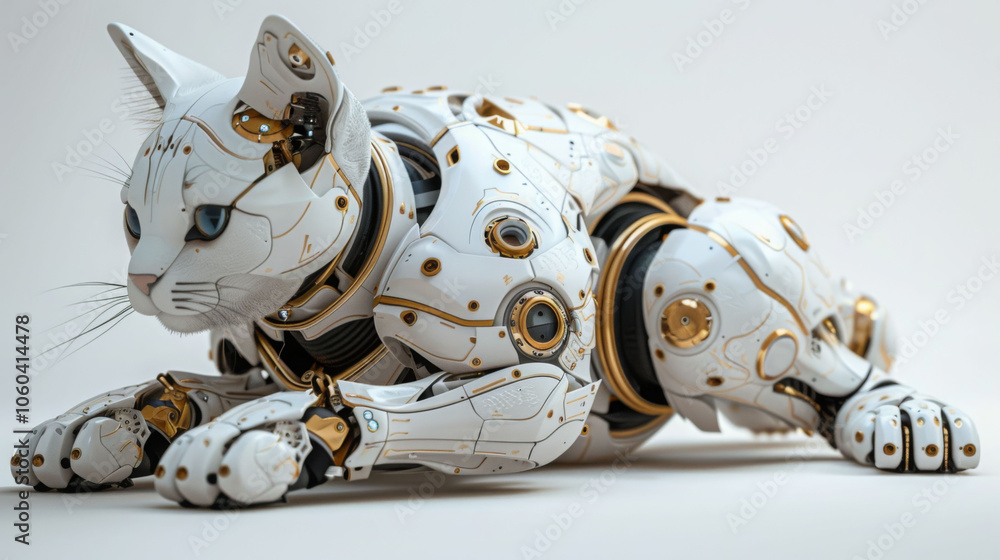 futuristic bionic cat with white armor and gold accents lies gracefully ...