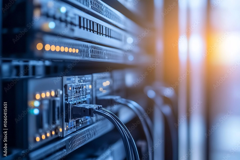 Server rack with organized network cables and Ethernet switch, illustrating data infrastructure ...