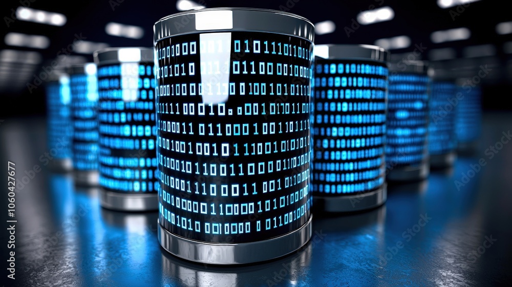 Data storage with binary code on metallic cylinders, illuminated by ...
