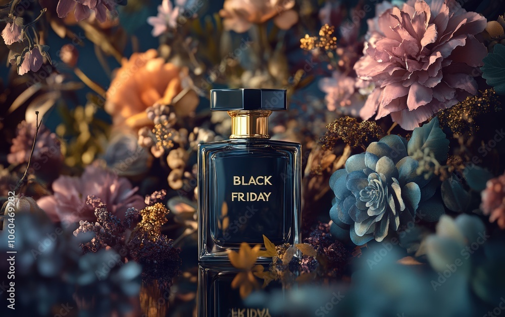 "BLACK FRIDAY" in a luxurious gold foil font next to a high-end perfume ...