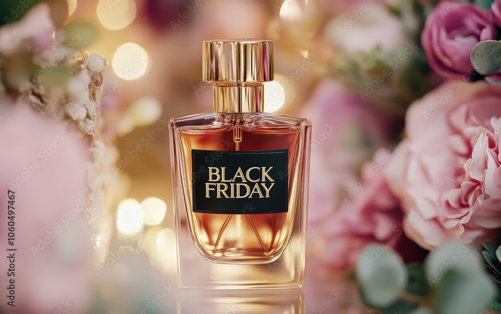 "BLACK FRIDAY" in a luxurious gold foil font next to a high-end perfume ...